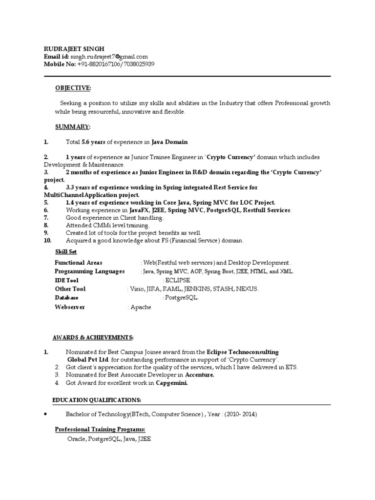 Skill Set:: .: Java, Spring MVC, AOP, Spring Boot, J2EE, HTML, and XML. IDE Tool: Database | PDF ...