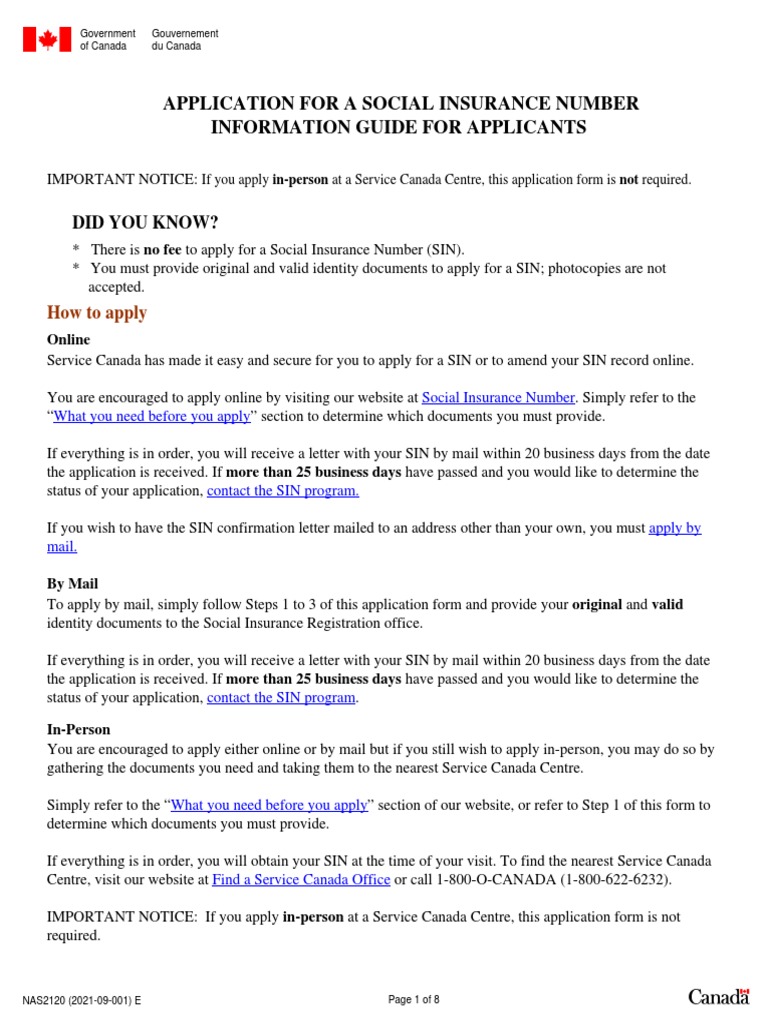 Application For A Social Insurance Number Information Guide For ...