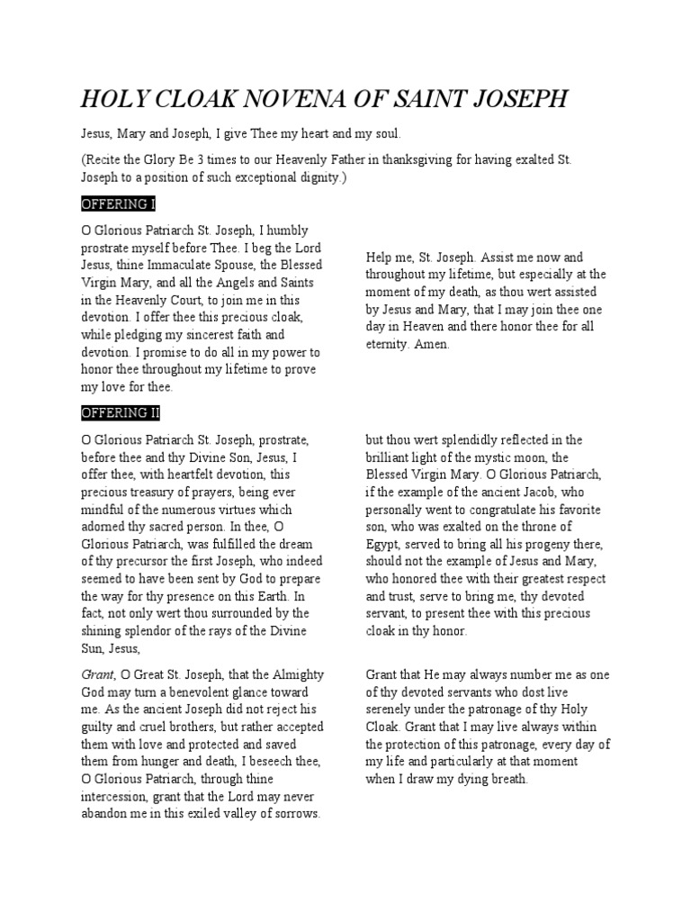 Holy Cloak Novena of Saint Joseph: Offering I | PDF | Mary, Mother Of Jesus | Saint Joseph