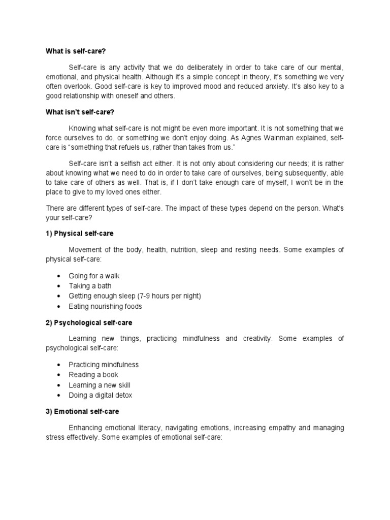 Self Care Handout | PDF | Psychological Concepts | Psychology