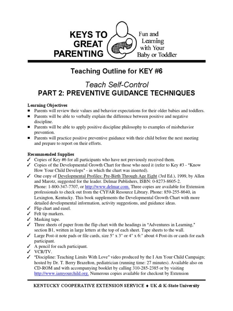 Teach Self-Control: Teaching Outline For KEY #6 Part 2: Preventive ...