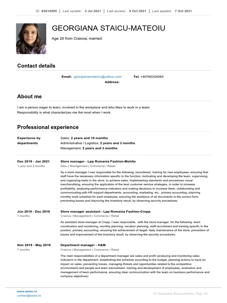 Georgiana Staicu-Mateoiu: Contact Details | PDF | Retail | Sales