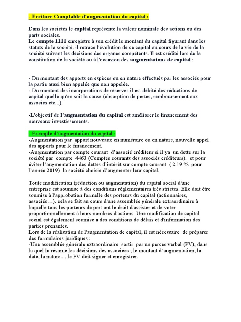 Ecriture Comptable Augmentation Du Capital | Descargar gratis PDF | Économie | Les sociétés