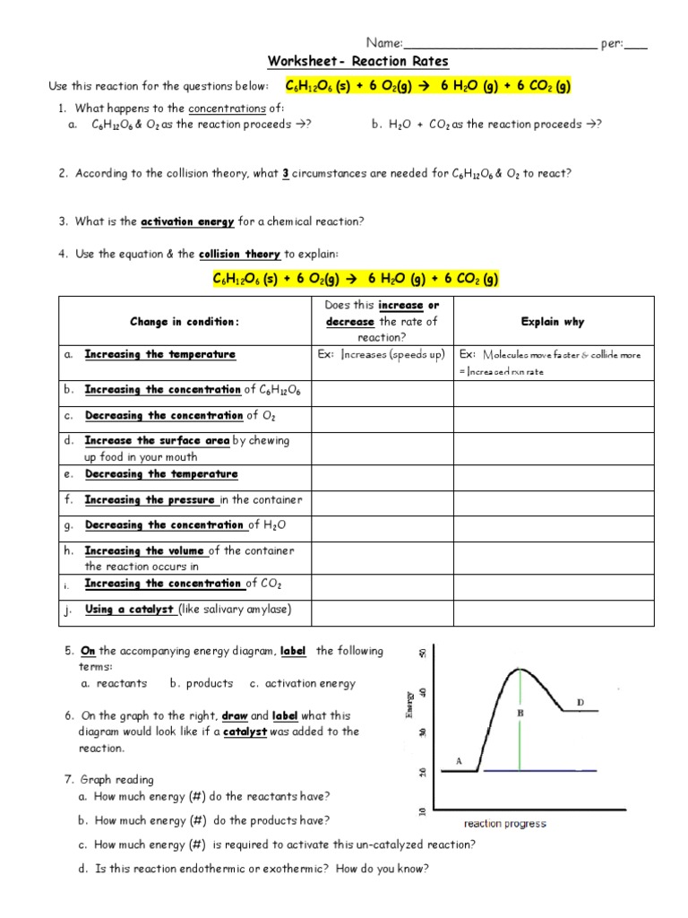 Worksheet-Reaction Rates: C H O (S) + 6 O (G) 6 H O (G) + 6 CO (G ...