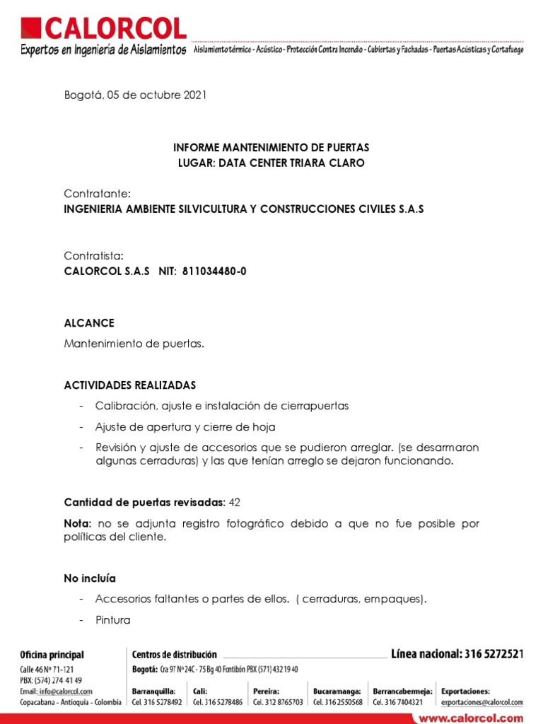 Informe Reporte Mantenimiento de Puertas Claro Triara | PDF