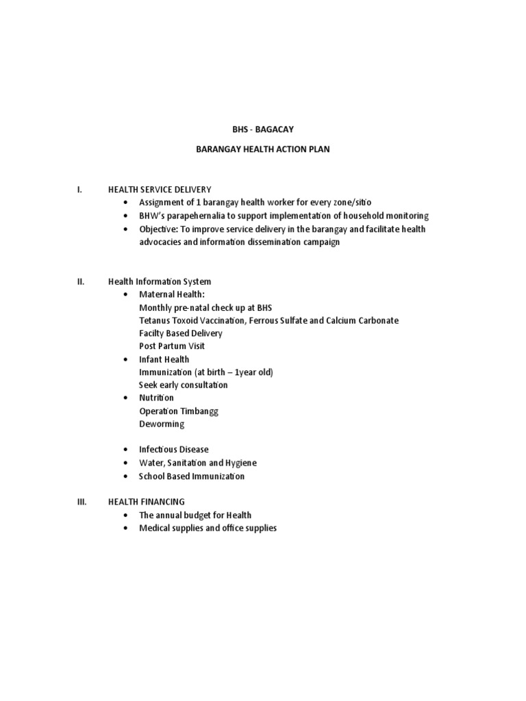 Bhs - Bagacay Barangay Health Action Plan | PDF