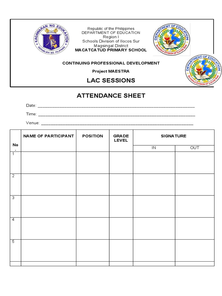 Lac Session Attendance Sheets Onsite Template | PDF