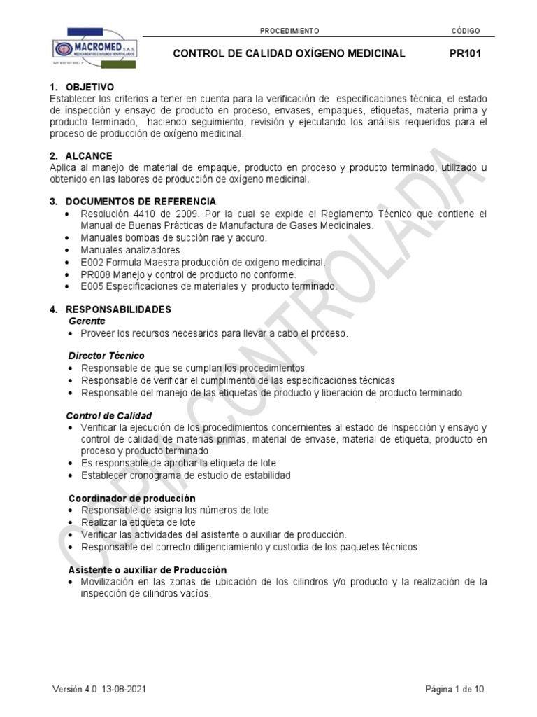 PR101-03 Control de Calidad Oxigeno Medicinal | Descargar gratis PDF | Oxígeno | Carbón