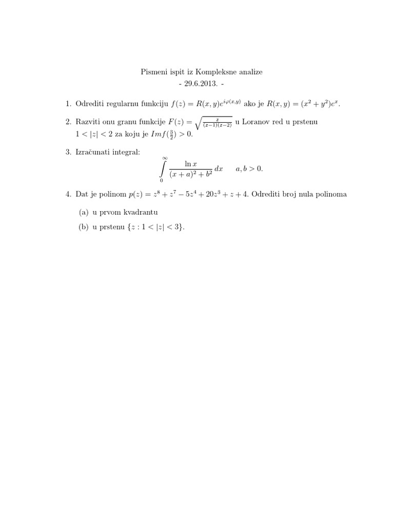 Kompleksna Analiza Ispitni Zadaci | PDF