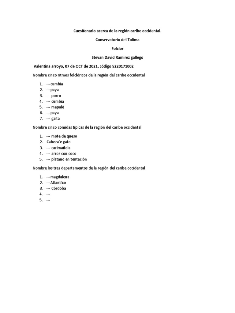 Cuestionario Region Caribe Occidental | PDF