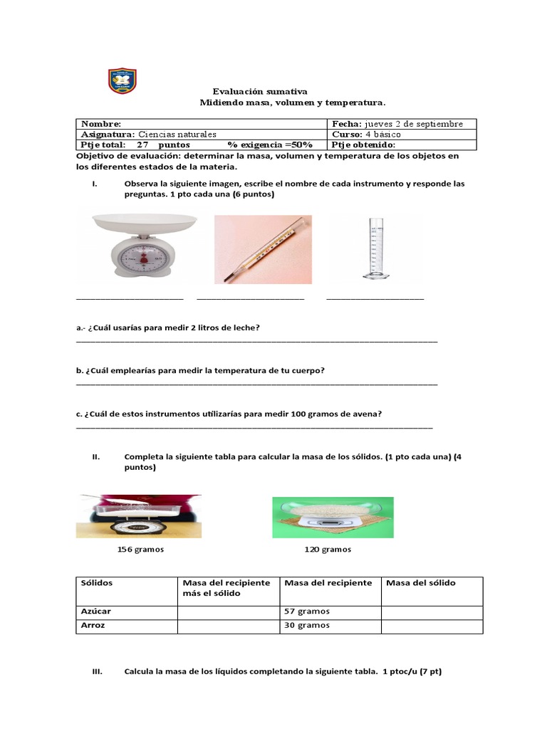 Prueba de Ciencias Propiedades de La Materia | PDF | Volumen | Masa