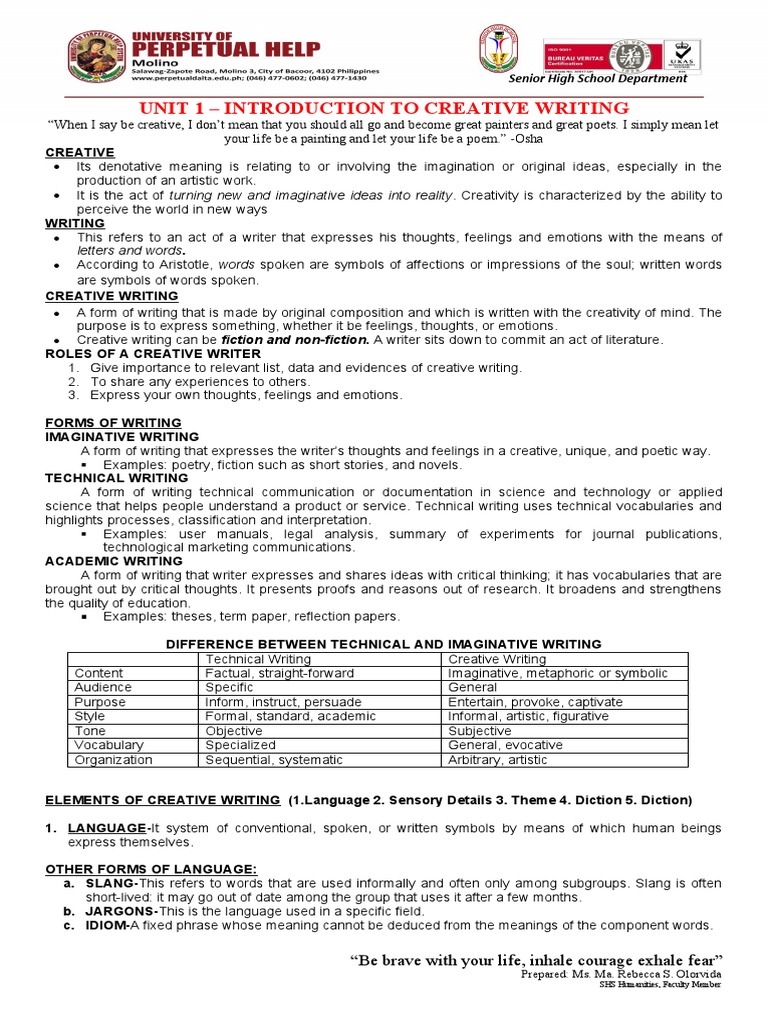 Unit 1 Creative Writing (Handouts) | Download Free PDF | Writers | Senses