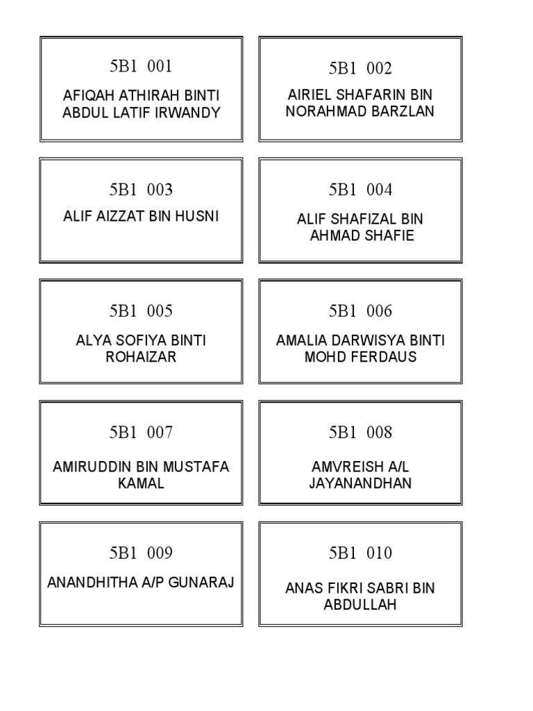 Contoh Label Meja Murid Versi Nombor | PDF