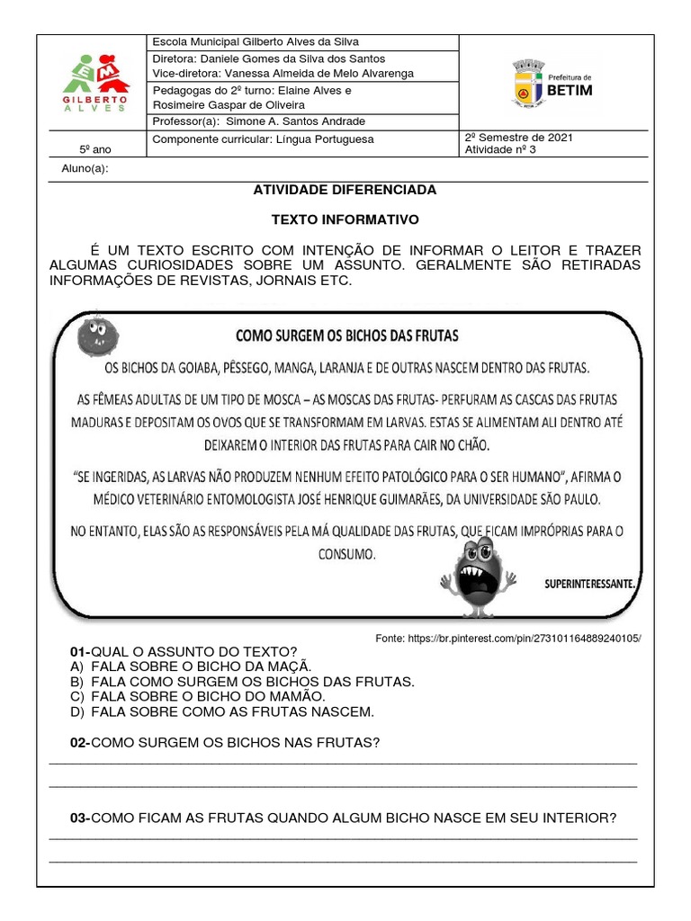 Ativ. Dif. 3 - PORT - 5 Ano | PDF