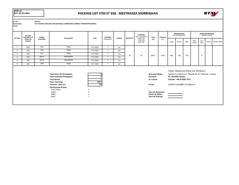 Packing List STM #016 Maestranza Morrighan - Collahuasi | PDF