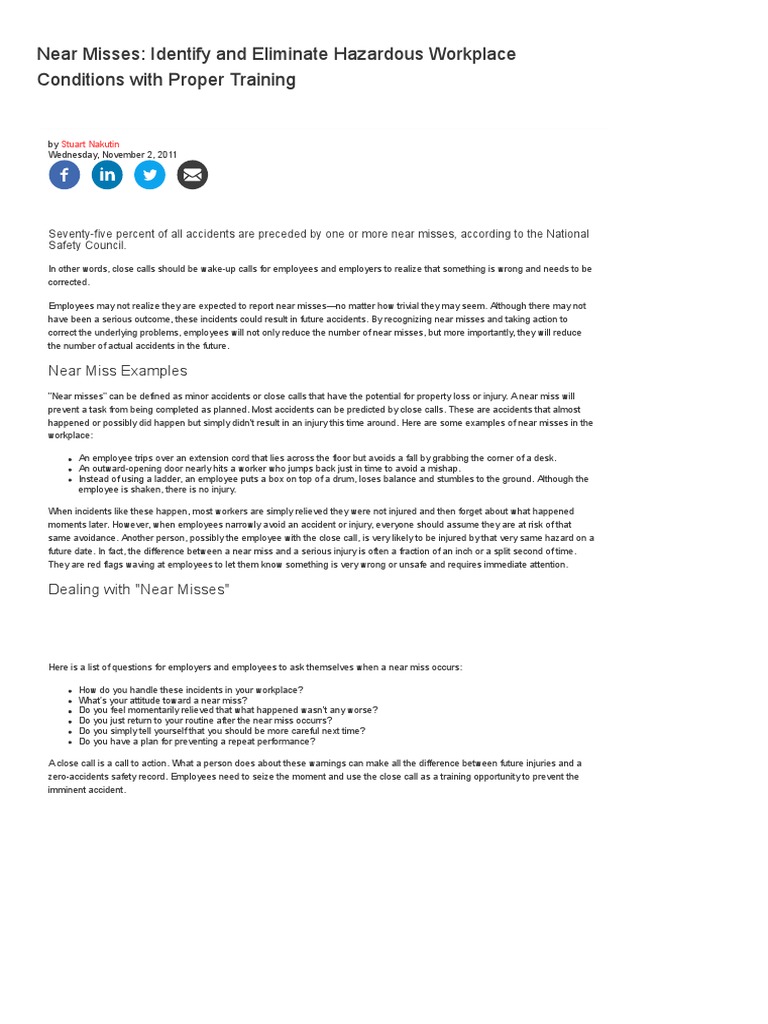 Near Miss Examples in The Workplace | PDF | Hazards | Supervisor