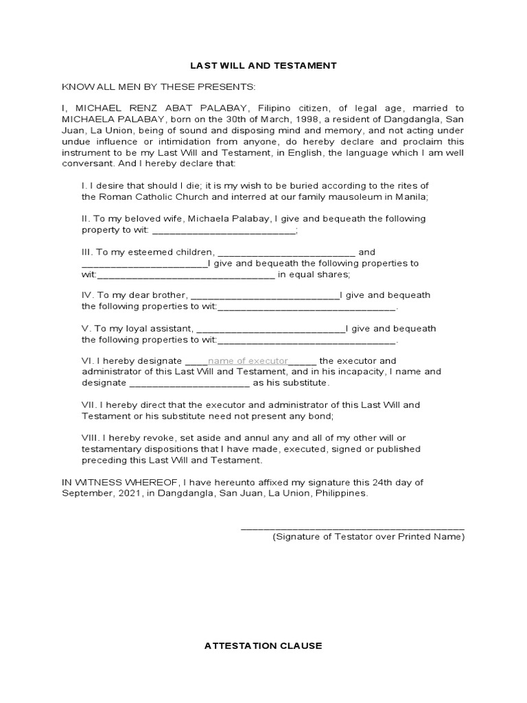 Last Will and Testament: Name of Executor | PDF | Will And Testament ...
