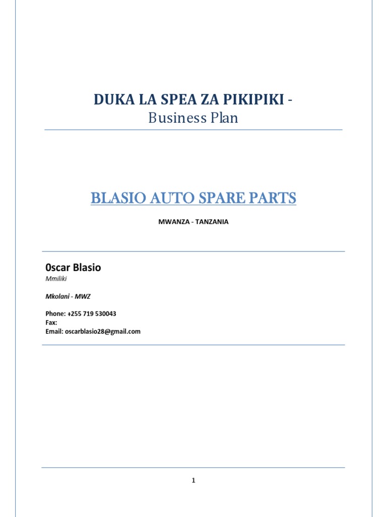 Blasio - Duka La Spea Za Bajaj Na Pikipiki - Business - Plan 1 Draft | PDF