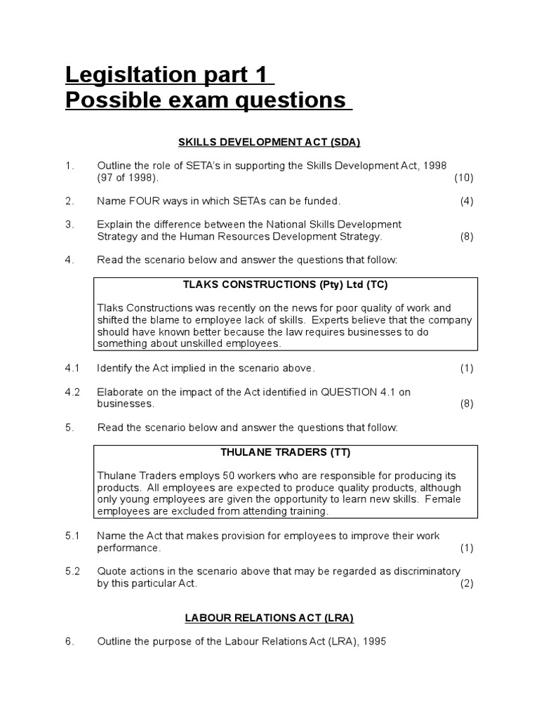 Legislation Part 1 Exam Questions | PDF | Employment | Labor Relations