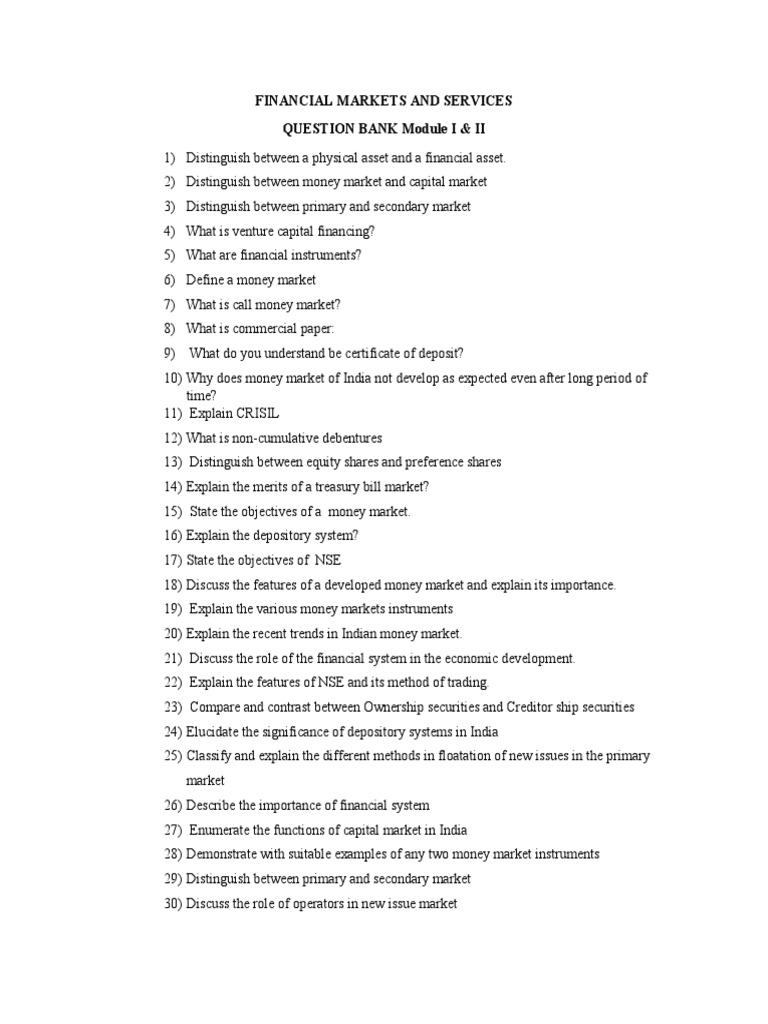 FINANCIAL MARKETS AND SERVICES Question Bank | PDF | Money Market ...