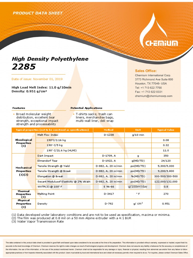 HDPE 2285 Technical Data Sheet | PDF | Polyethylene | Ultimate Tensile ...