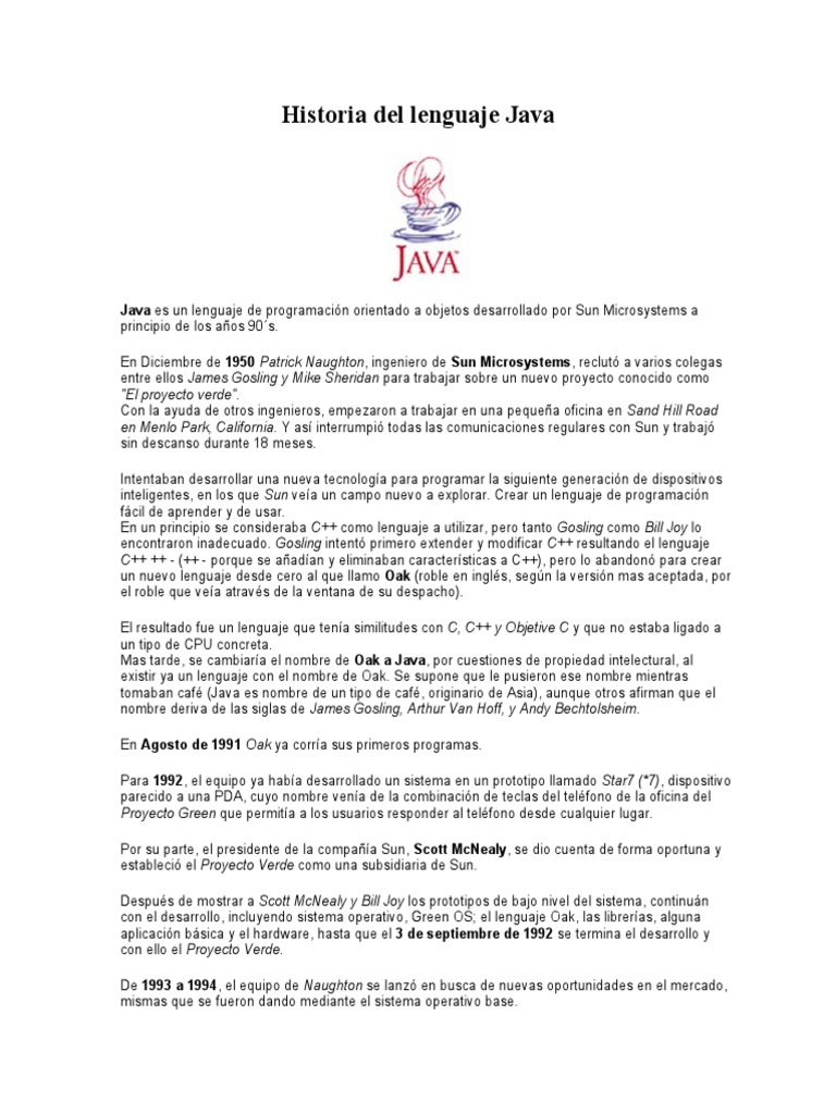 Historia Del Lenguaje Java | PDF | Java (lenguaje de programación) | máquina virtual de Java