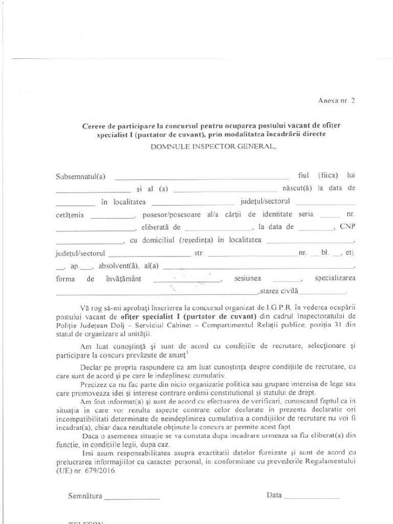 Anexa nr.2 Cerere de Inscriere | PDF