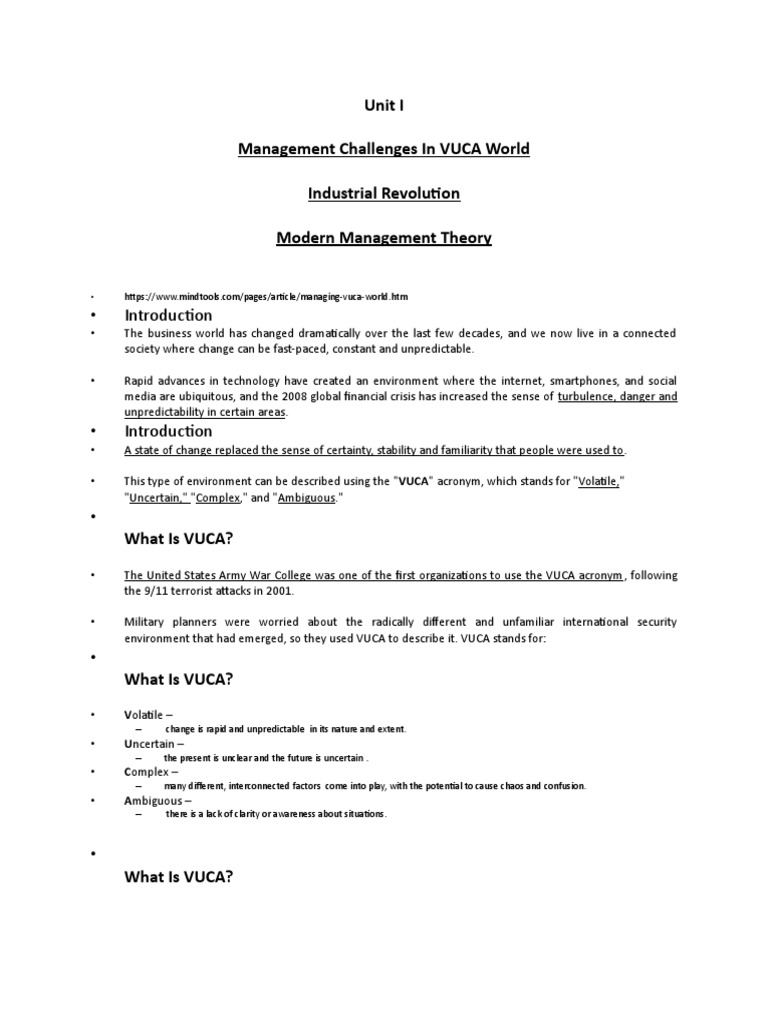 Unit I Management Challenges in VUCA World Industrial Revolution Modern ...