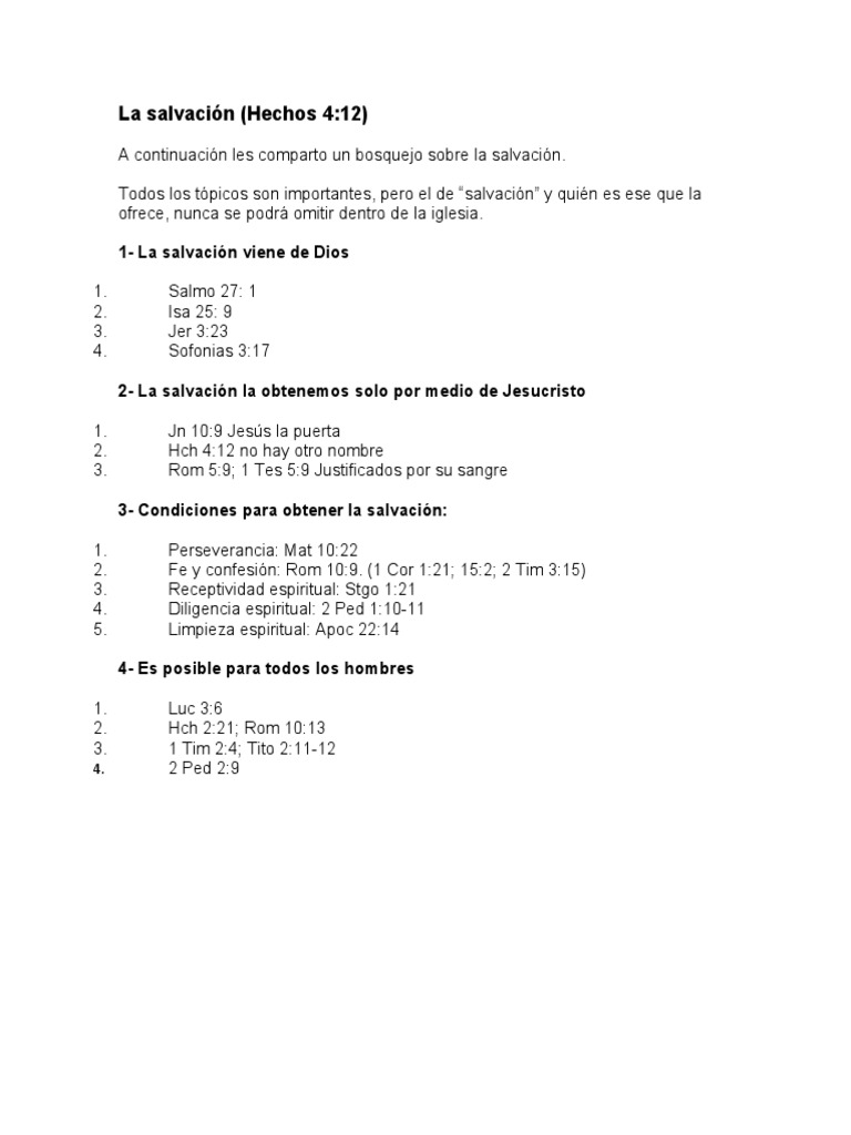 La Salvación Viene de Jesus Hechos 4 12 Bosquejo | PDF