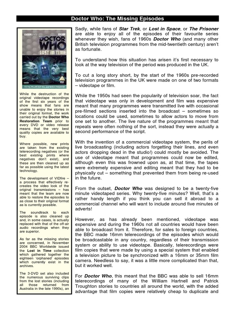 Doctor Who: The Lost Episodes Explained | PDF | Doctor Who | Doctor Who ...