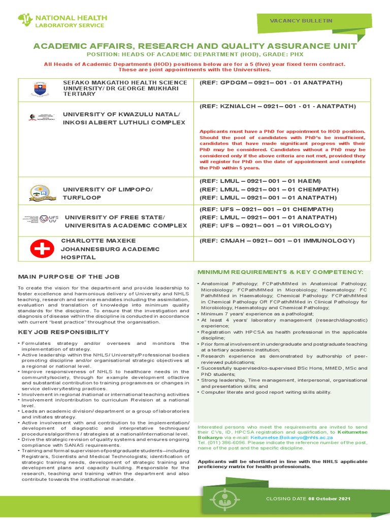 Academic Affairs, Research and Quality Assurance Unit: Position: Heads ...