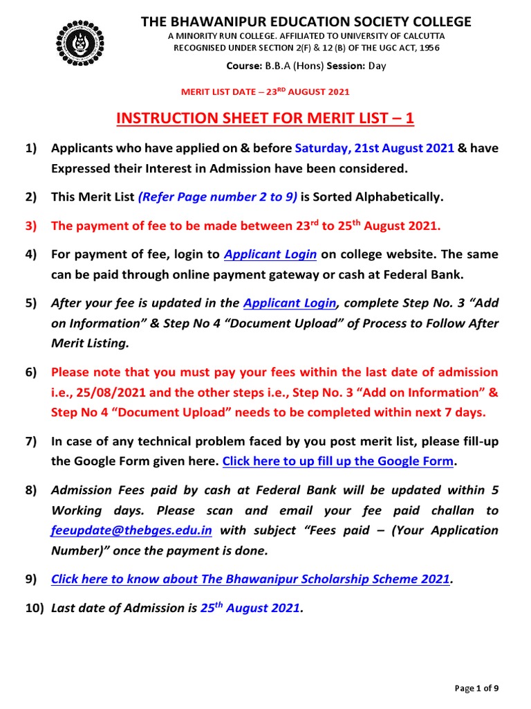 Instruction Sheet For Merit List - 1: The Bhawanipur Education Society ...