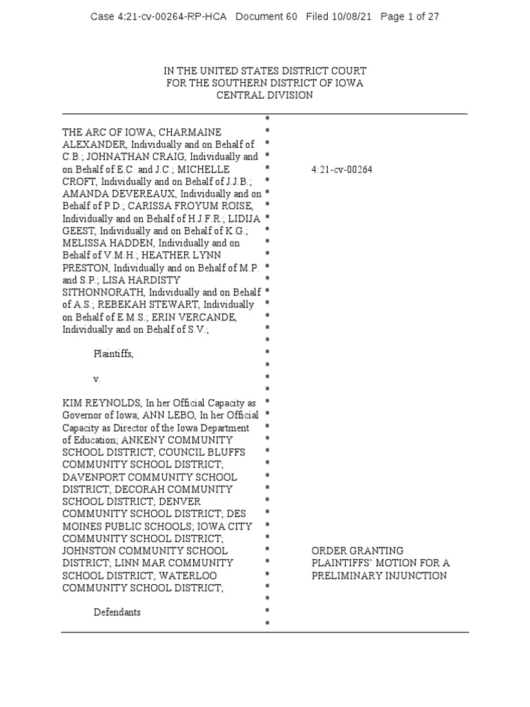 Order Granting Motion For Preliminary Injunction - Arc of Iowa V Reynolds | PDF | Injunction ...