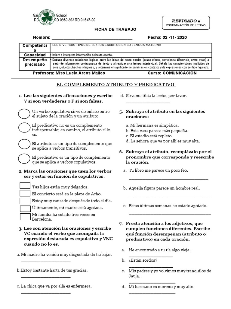 El Complemento Atributo Y Predicativo: Revisado | PDF | Verbo ...