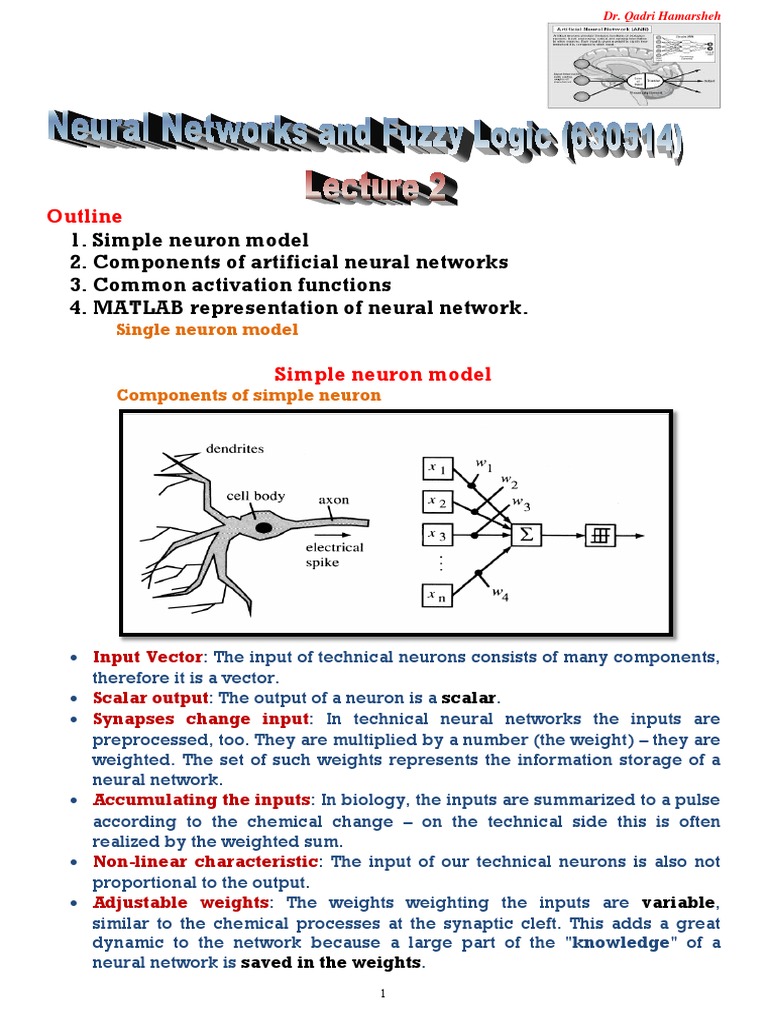 Lecture 2 - Components of ANN and MATLAB Representation | PDF ...