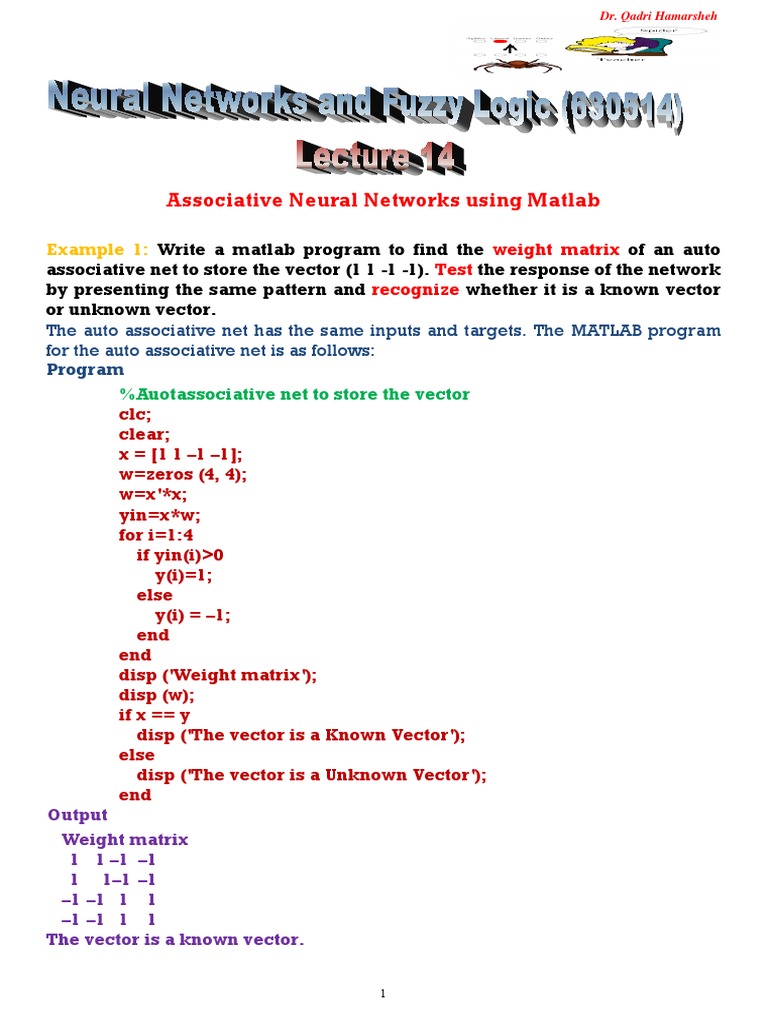 Lecture 14 - Associative Neural Networks Using Matlab | PDF ...