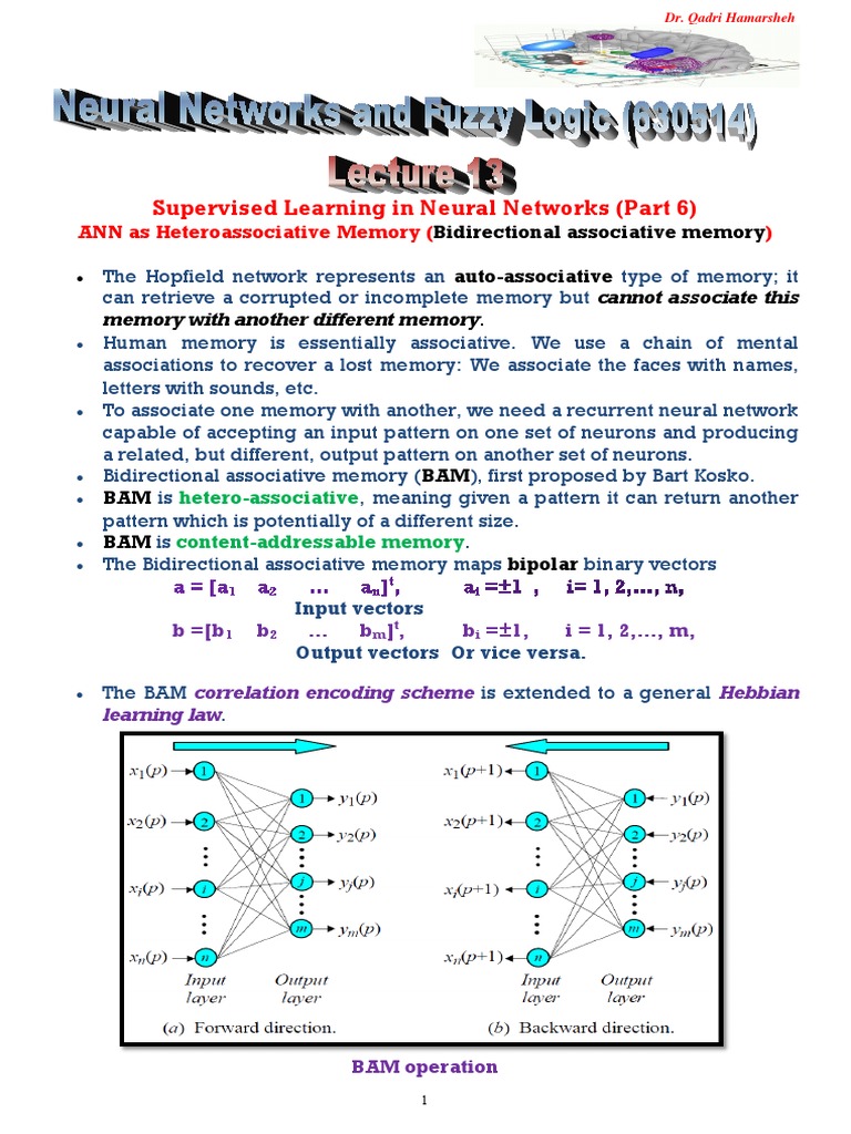 Lecture 13 Supervised Learning Bidirectional Associative Memory Bam Pdf Memory
