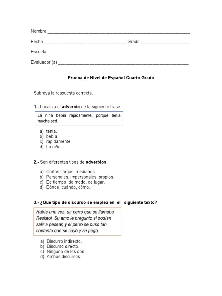 Examen Diagnóstico Cuarto Español | PDF