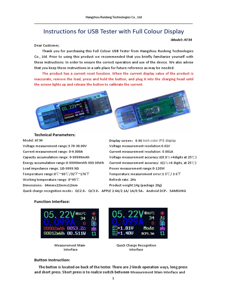 AT34 USB Tester User Instructions | PDF | Battery Charger | Icon ...