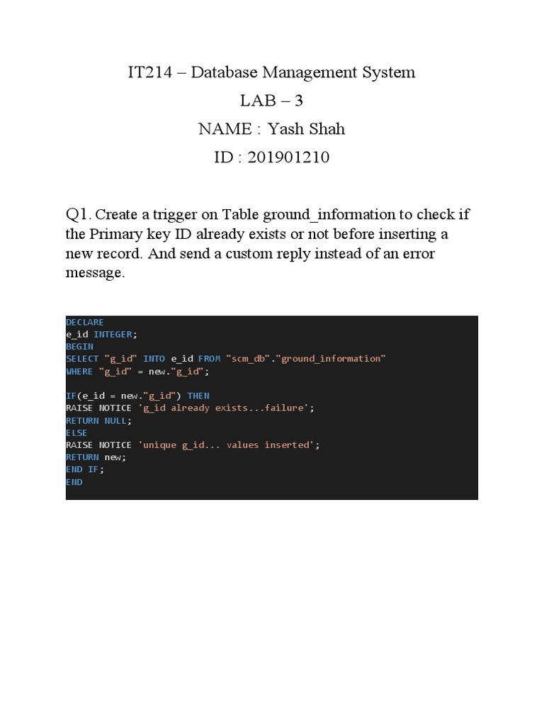 IT214 - Database Management System Lab - 3 NAME: Yash Shah ID: 201901210 Q1 | PDF | Computing ...