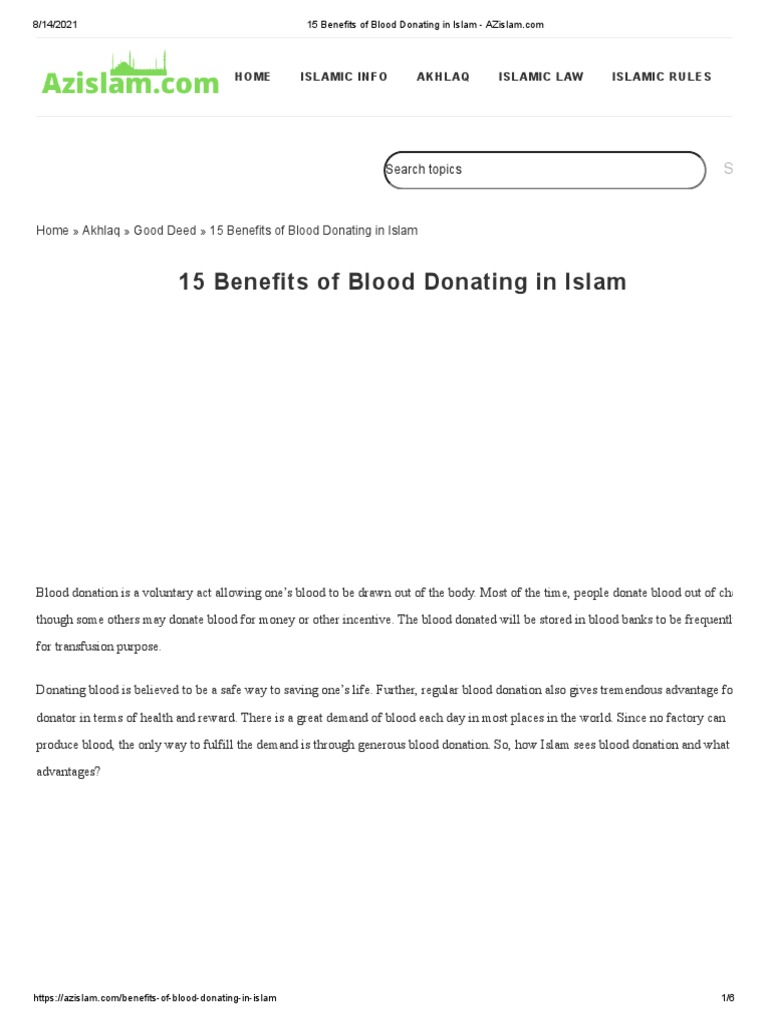 15 Benefits of Blood Donating in Islam | PDF | Blood Donation | Blood