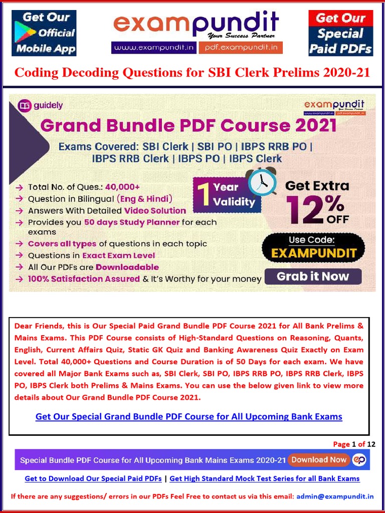 Coding Decoding Questions For SBI Clerk Prelims 2020-21 | PDF | Software | Computer File Formats