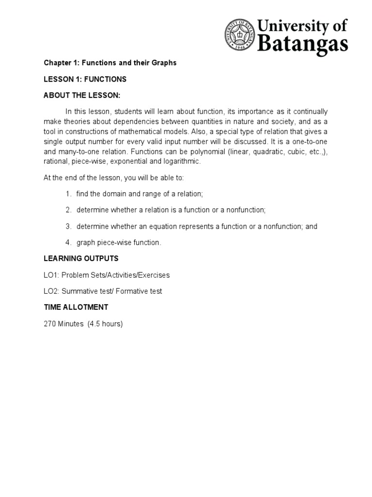 Chapter 1: Functions and Their Graphs Lesson 1: Functions About The Lesson | PDF | Function ...