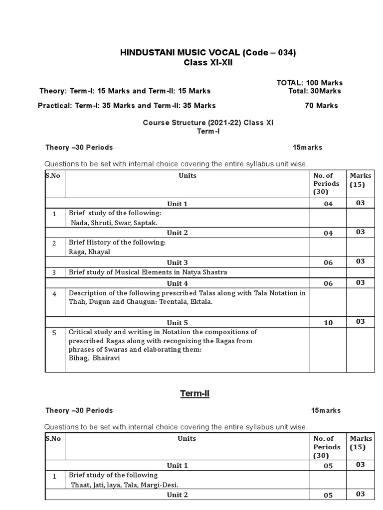 Hindustani Music Vocal (Code - 034) Class XI-XII | PDF | Classical And ...