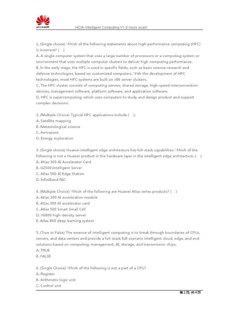 HCIA-Intelligent Computing V1.0 Mock Exam | PDF | Multi Core Processor | Supercomputer