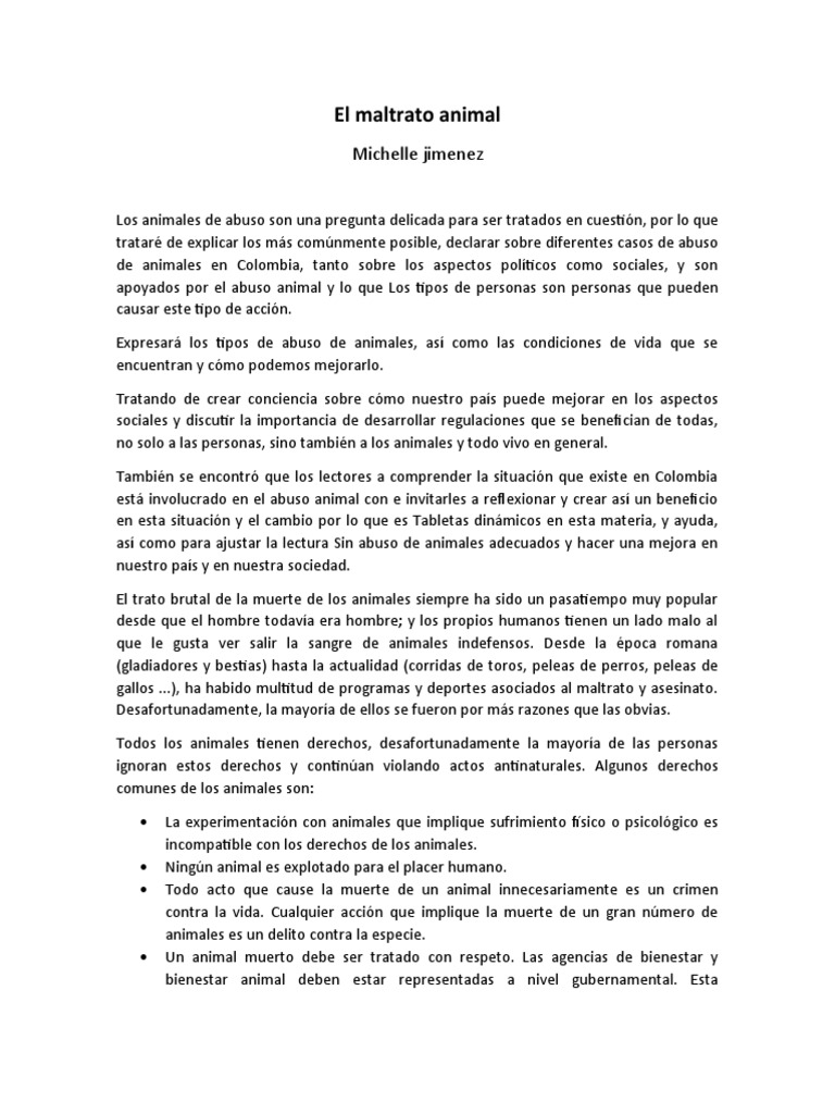 El Maltrato Animal Ensayo | PDF | Bienestar de los animales | Etica ...