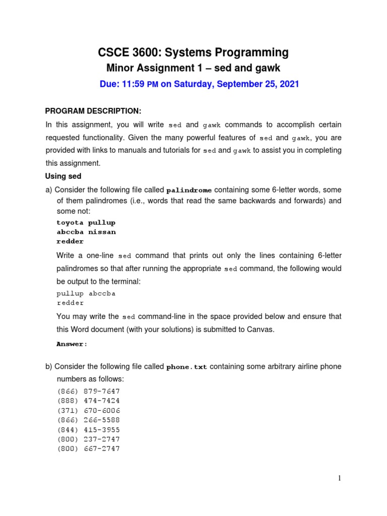 Csce 3600 Systems Programming Minor Assignment 1 Sed And Gawk Pdf Comma Separated Values 