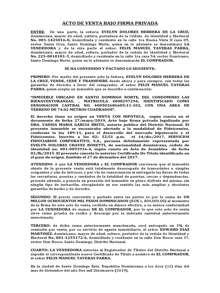Acta de venta de inmueble ubicado en Santo Domingo Norte entre Evelyn ...