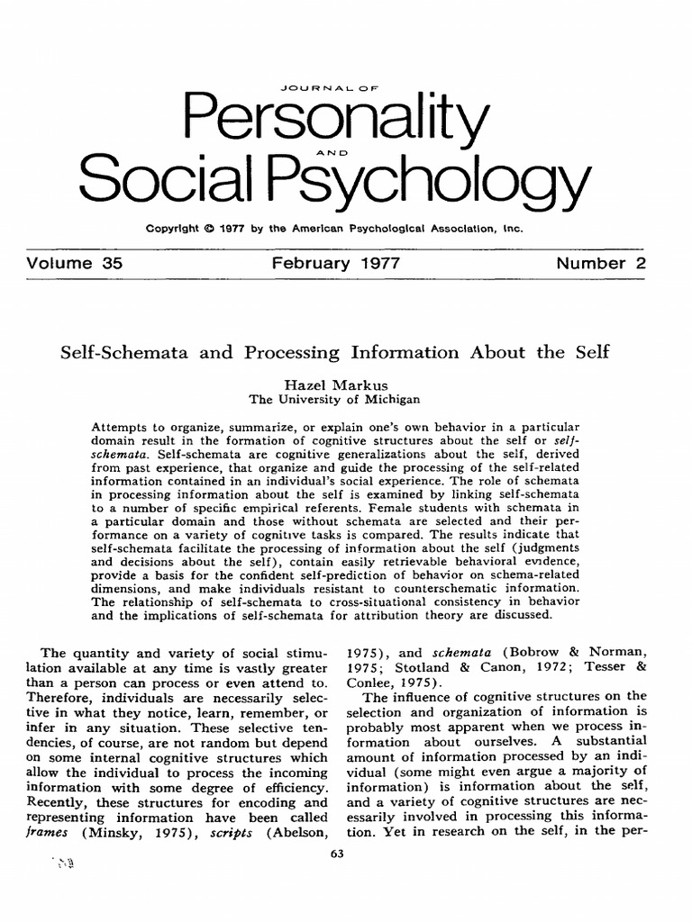 Personality Social Psychology: Self-Schemata and Processing Information ...