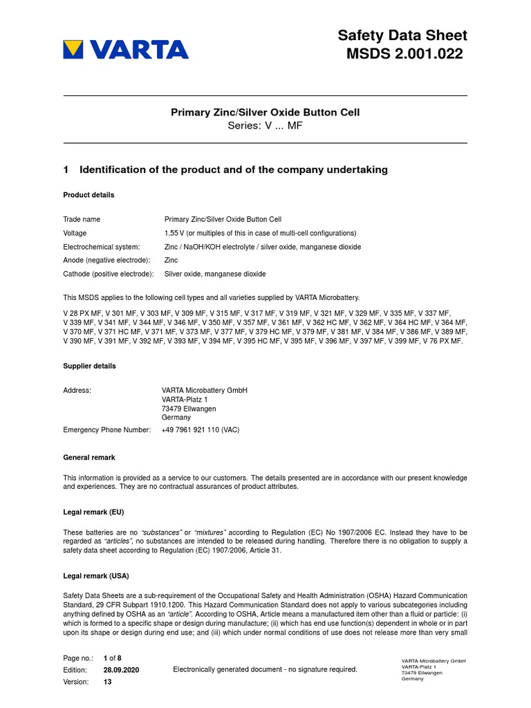Safety Data Sheet MSDS 2.001.022: Primary Zinc/Silver Oxide Button Cell ...